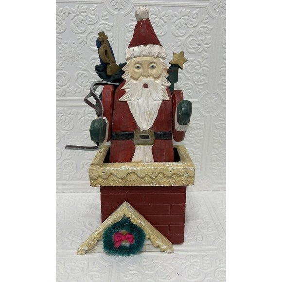 Wooden | Holiday | Folk Art Wooden Santa With Bag Of Toys On Chimney ...